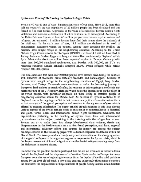 (DOC) Syrians are Coming? Reframing the Syrian Refugee Crisis