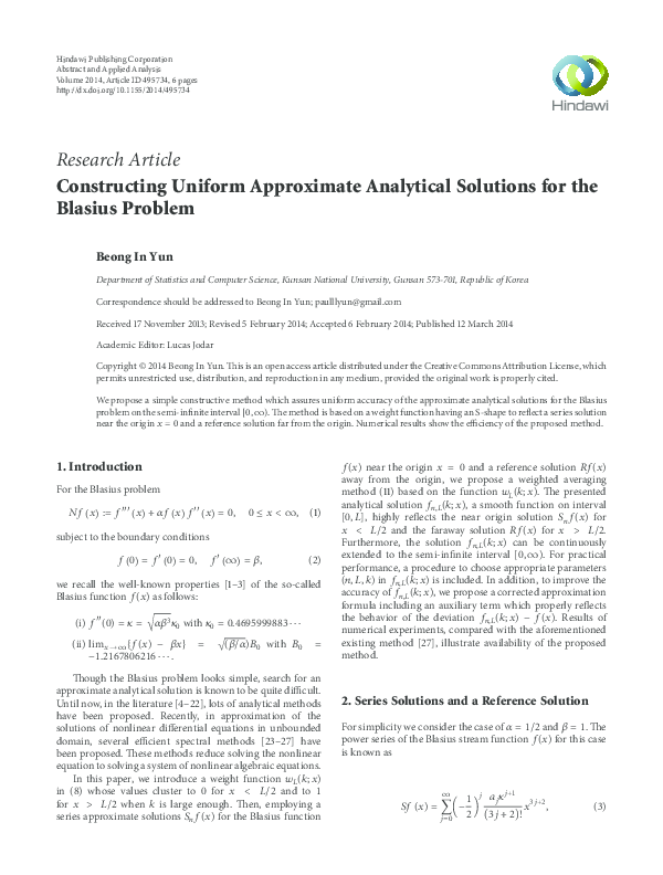 (PDF) Constructing Uniform Approximate Analytical Solutions for the Blasius Problem