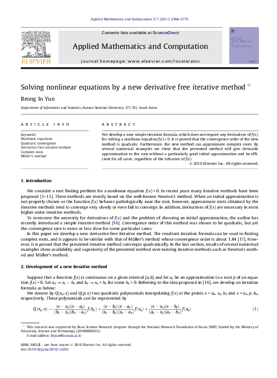 Pdf Solving Nonlinear Equations By A New Derivative Free Iterative