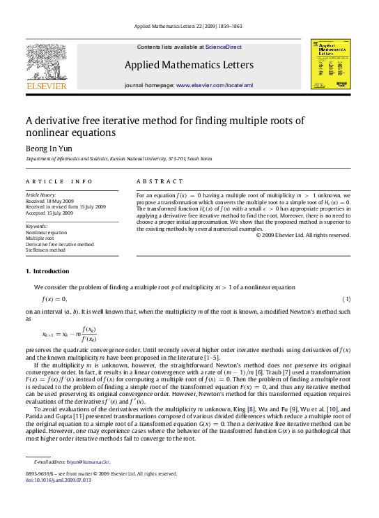 Pdf A Derivative Free Iterative Method For Finding Multiple Roots Of Nonlinear Equations