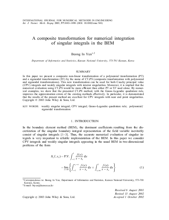 Pdf A Composite Transformation For Numerical Integration Of Singular