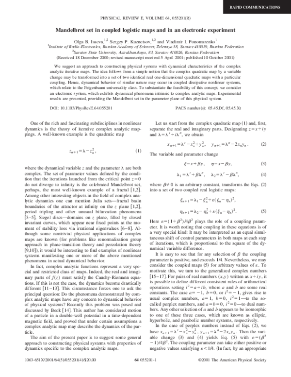 Pdf Mandelbrot Set In Coupled Logistic Maps And In An Electronic
