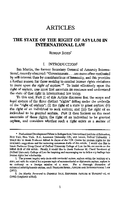 (PDF) ARTICLES THE STATE OF THE RIGHT OF ASYLUM IN INTERNATIONAL LAW