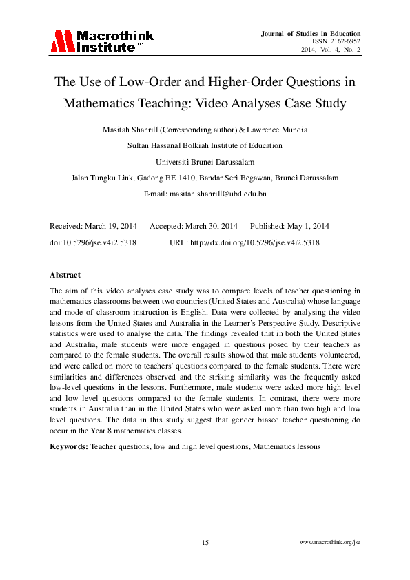 (PDF) The Use of Low-Order and Higher-Order Questions in Mathematics ...