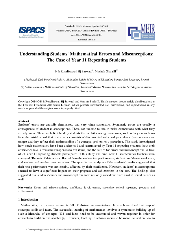 (PDF) Understanding Students' Mathematical Errors and Misconceptions: The Case of Year 11 ...