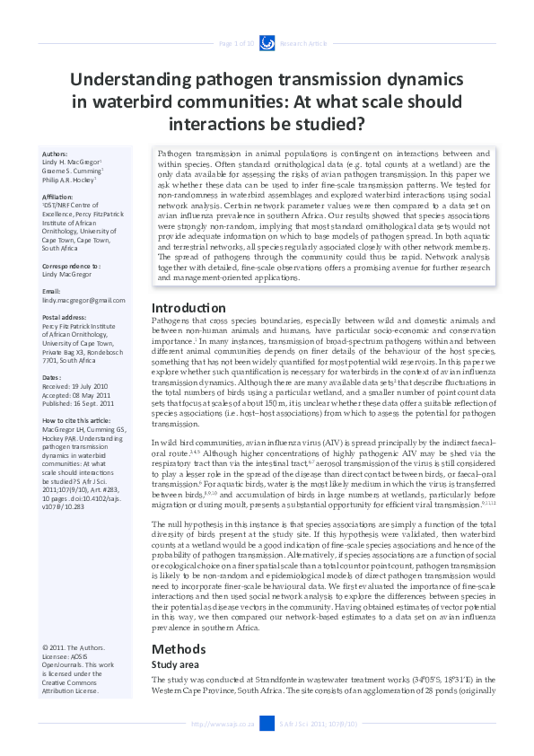 (PDF) Understanding pathogen transmission dynamics in waterbird ...