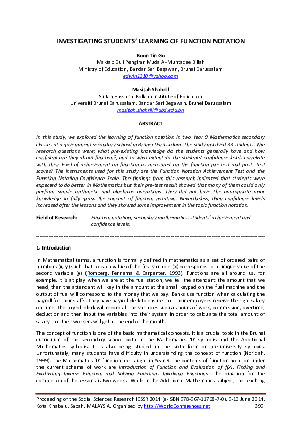 (PDF) Investigating Students' Learning of Function Notation