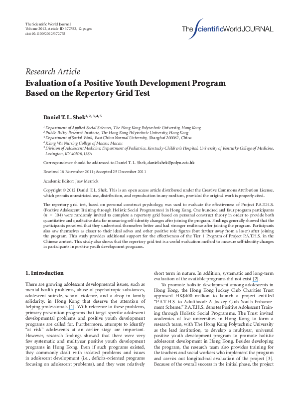 (PDF) Evaluation of a positive youth development program based on the ...