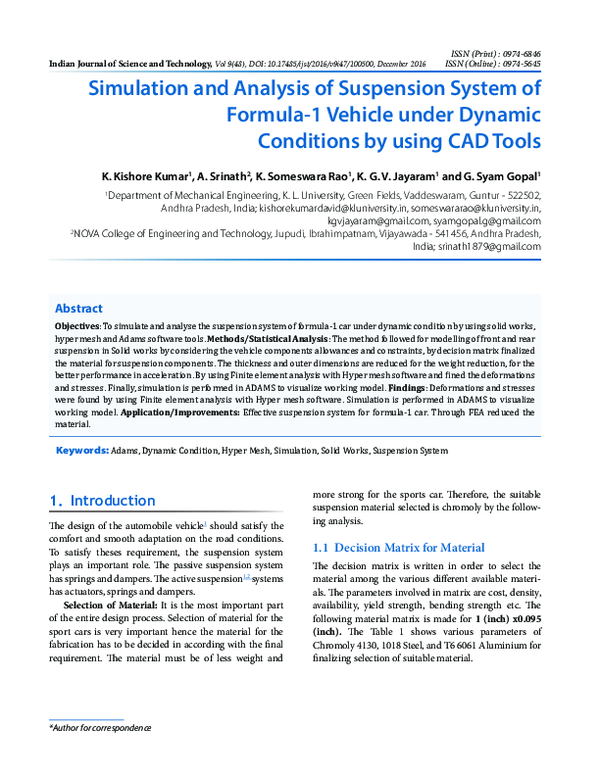 (PDF) Simulation and Analysis of Suspension System of Formula-1 Vehicle ...
