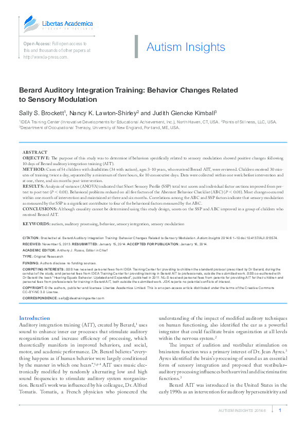 (PDF) Berard Auditory Integration Training: Behavior Changes Related to Sensory Modulation
