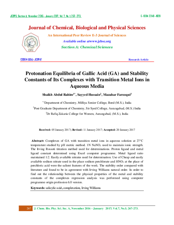 (PDF) Protonation Equilibria of Gallic Acid (GA) and Stability Constants of Its Complexes with ...