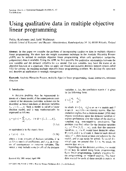 Pdf Using Qualitative Data In Multiple Objective Linear Programming