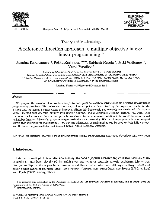 (PDF) Reference Direction in Multi-Objective ILP (PDF) Reference Direction in Multi-Objective ILP