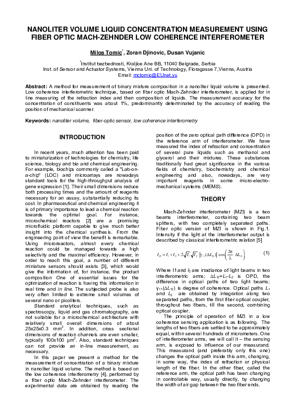 Nanoliter Volume Liquid Concentration Measurement Using Fiber Optic Mach-Zehnder Low Coherence ...
