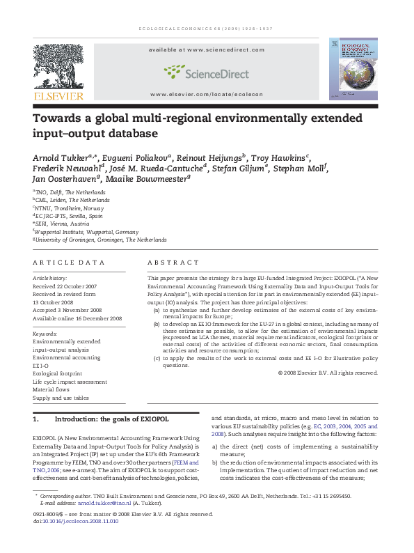 Pdf Towards A Global Multi Regional Environmentally Extended Input Output Database