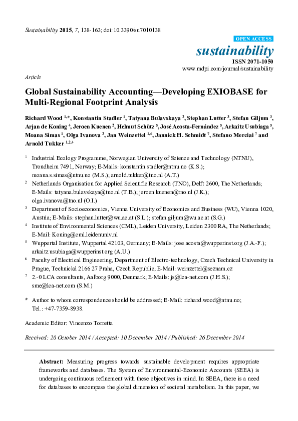 (PDF) Global Sustainability Accounting—Developing EXIOBASE for Multi ...