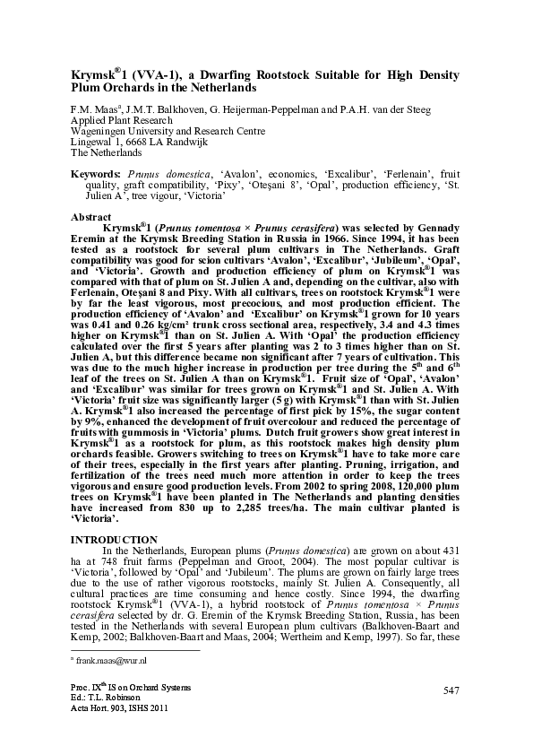 (PDF) Krymsk ® 1 (VVA-1), a Dwarfing Rootstock Suitable for High ...