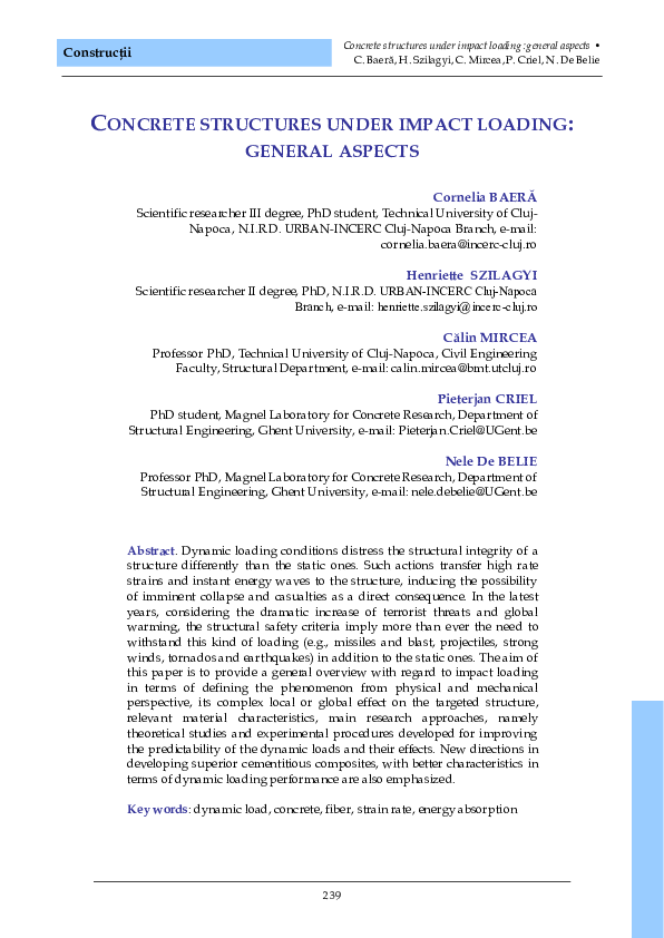 (PDF) CONCRETE STRUCTURES UNDER IMPACT LOADING: GENERAL ASPECTS Călin MIRCEA Nele De BELIE