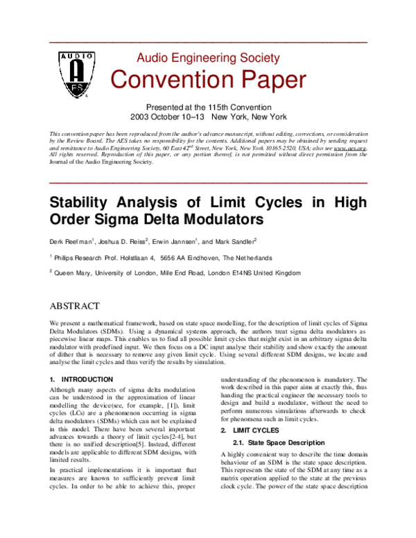 (PDF) Stability Analysis of Limit Cycles in High Order Sigma Delta ...