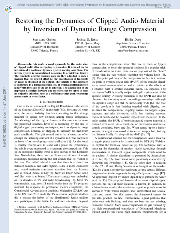 (PDF) Restoring the Dynamics of Clipped Audio Material by Inversion of Dynamic Range Compression