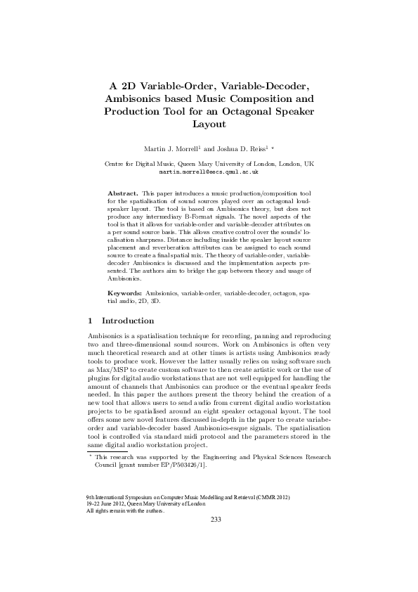Pdf Variable Order Ambisonics For Octagonal Setup