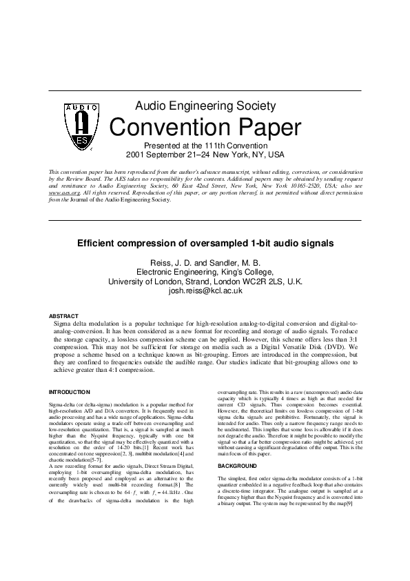 (PDF) Efficient Compression of Oversampled 1-bit Audio Signals