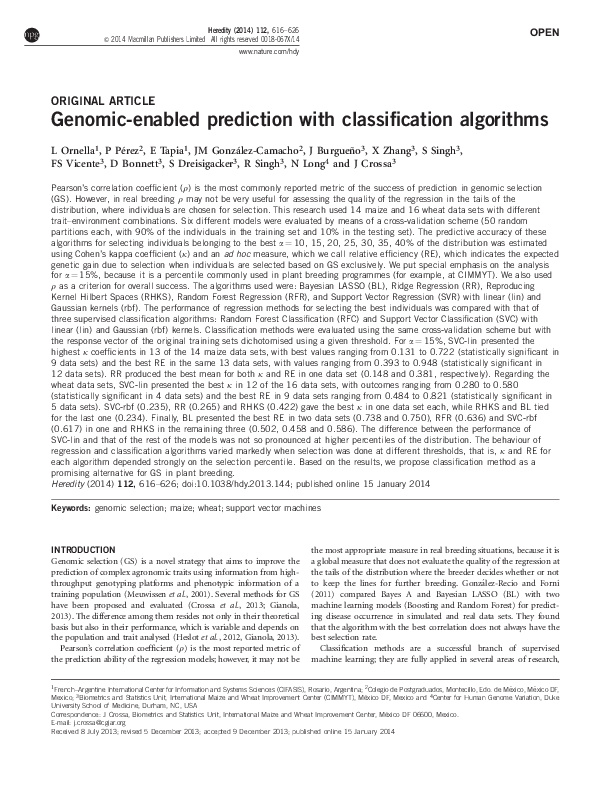 (PDF) Genomic-enabled prediction with classification algorithms