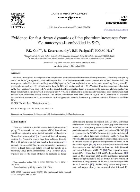 (PDF) Evidence for fast decay dynamics of the photoluminescence from Ge nanocrystals embedded in ...