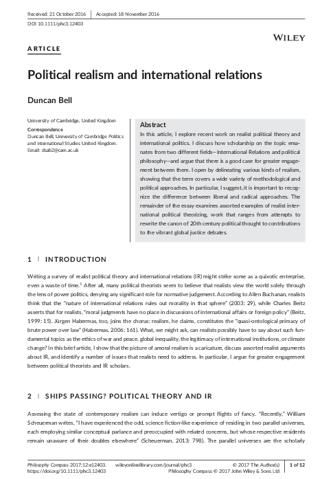 (PDF) "Political Realism and International Relations," Philosophy ...