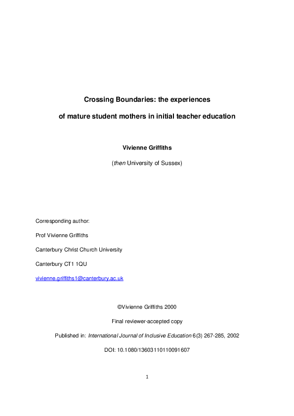 (PDF) Crossing boundaries: the experiences of mature student mothers in initial teacher education