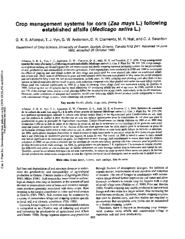 (PDF) Crop management systems for corn ( Zea mays L.) following established alfalfa ( Medicago ...