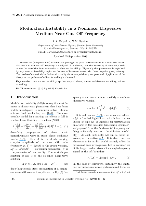 (PDF) Modulation instability in a nonlinear dispersive medium near cut ...
