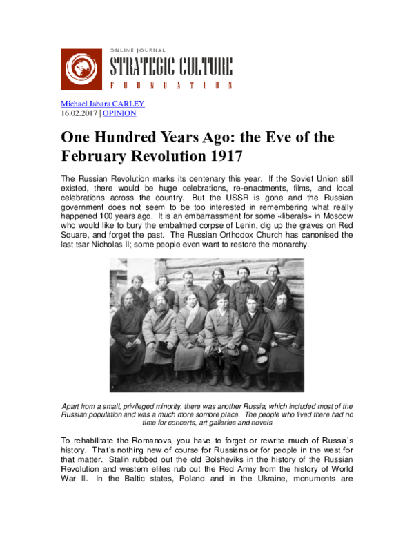 (PDF) "One Hundred Years Ago: The Eve of the February Revolution 1917"