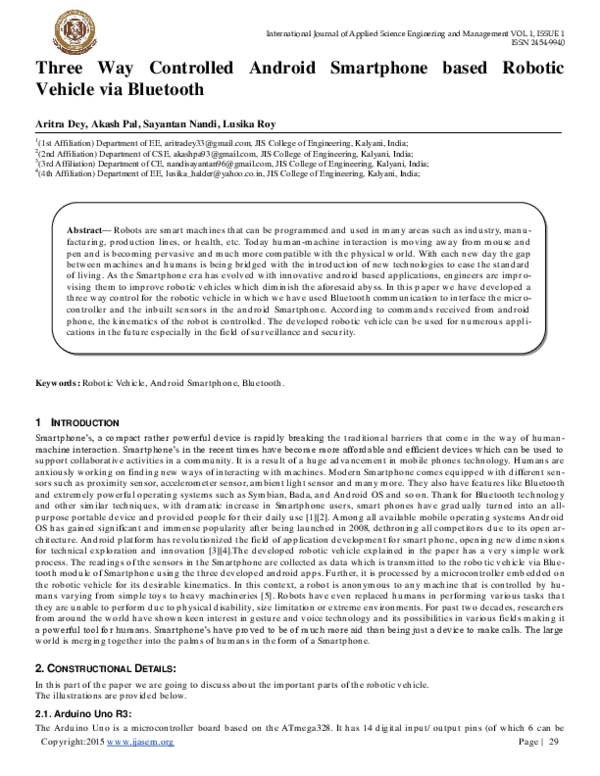 Pdf Three Way Controlled Android Smartphone Based Robotic Vehicle Via Bluetooth