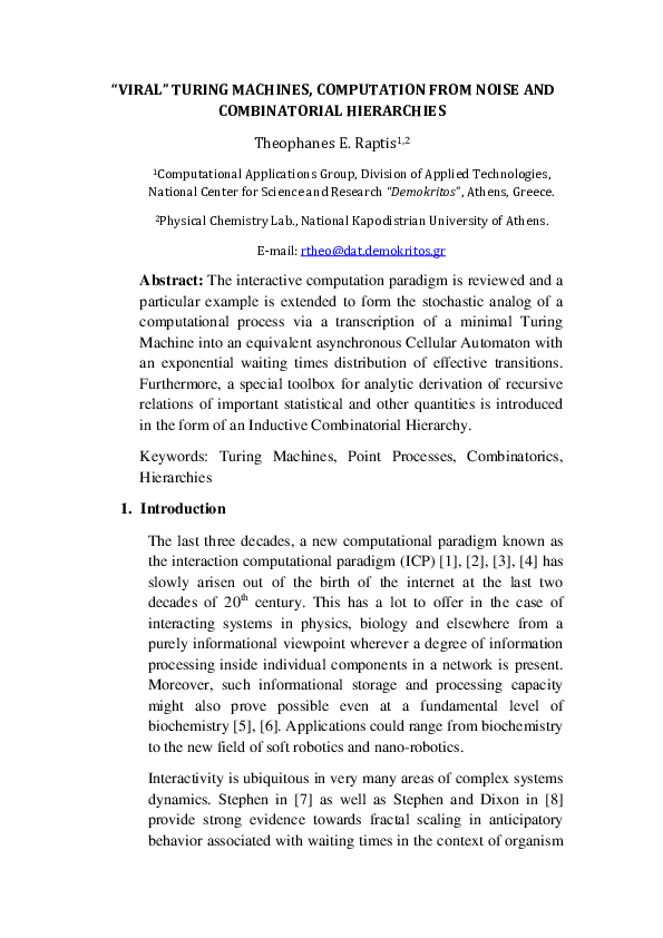 (PDF) " Viral " Turing Machines, Computation from Noise and Combinatorial Hierarchies