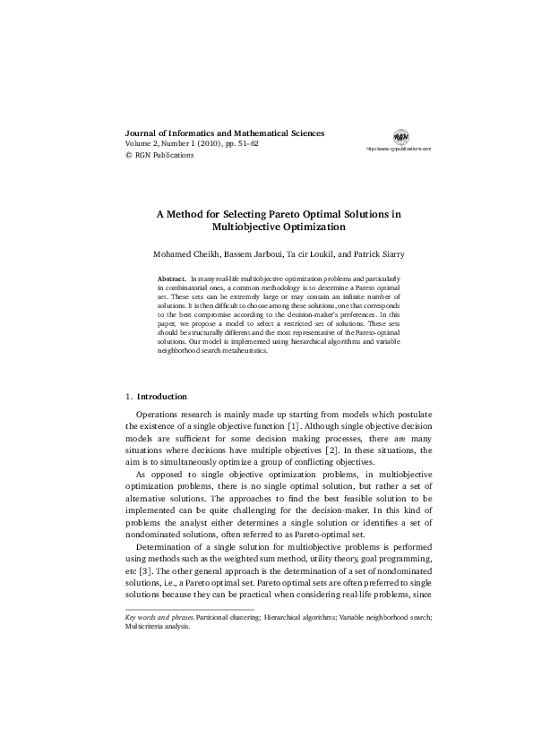 Pdf A Method For Selecting Pareto Optimal Solutions In Multiobjective Optimization