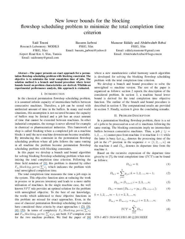 Pdf New Lower Bounds For The Blocking Flowshop Scheduling Problem To Minimize The Total