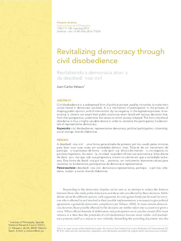 (PDF) Revitalizing democracy through civil disobedience