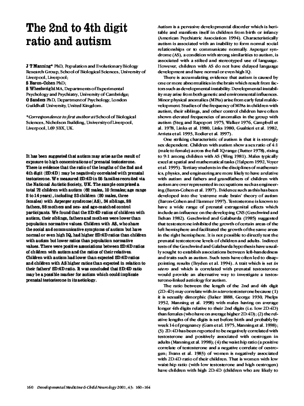 (PDF) The 2nd to 4th digit ratio and autism