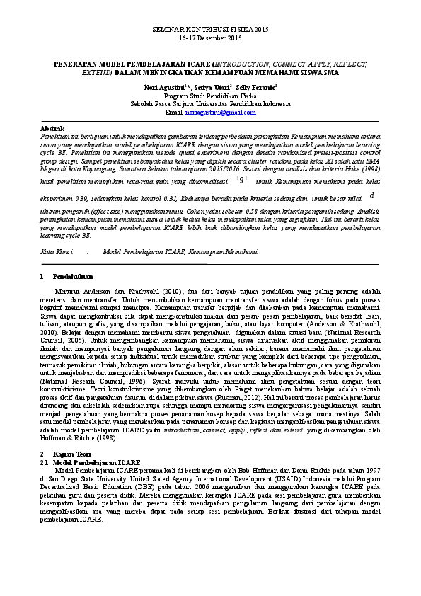 (DOC) PENERAPAN MODEL PEMBELAJARAN ICARE (INTRODUCTION, CONNECT, APPLY, REFLECT, EXTEND) DALAM ...