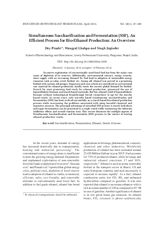 (PDF) Simultaneous Saccharification and Fermentation (SSF), An Efficient Process for Bio-Ethanol ...