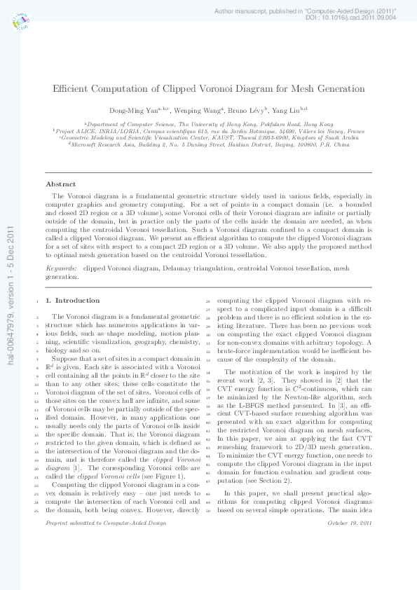 (PDF) Efficient computation of clipped Voronoi diagram for mesh generation