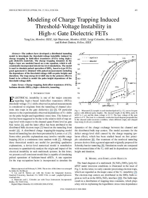 (PDF) Modeling of charge trapping induced threshold-voltage instability in high-/spl kappa/ gate ...