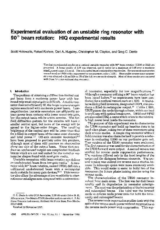 Experimental evaluation of an unstable ring resonator with 90° beam ...