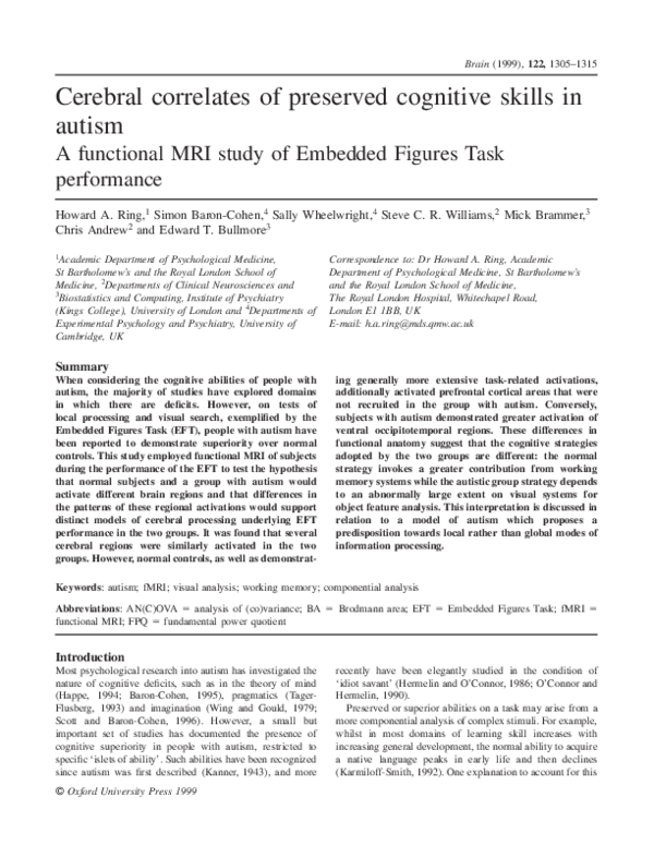 (PDF) Cerebral correlates of preserved cognitive skills in autism A ...