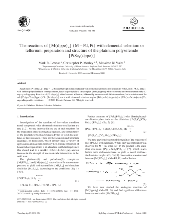 (PDF) The reactions of [M(dppe)2] (M=Pd, Pt) with elemental selenium or ...