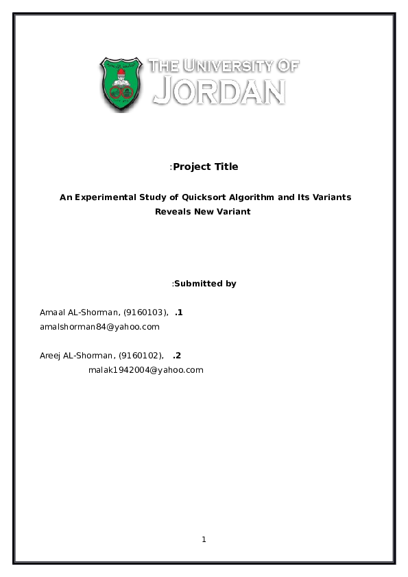 (DOC) Project Title: An Experimental Study of Quicksort Algorithm and ...