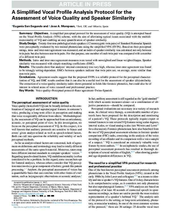 (PDF) A Simplified Vocal Profile Analysis Protocol for the Assessment ...