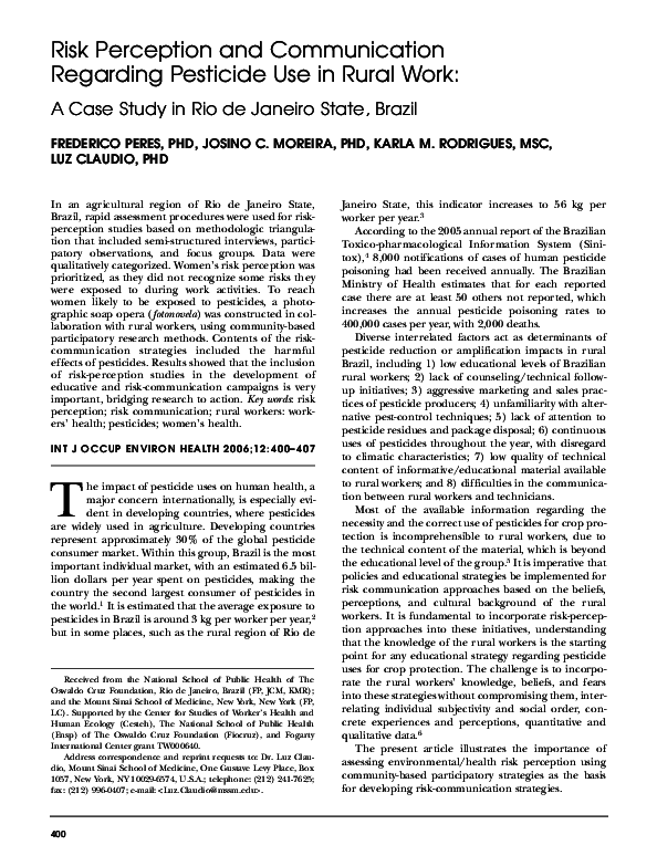 (PDF) Risk Perception and Communication Regarding Pesticide Use in Rural Work: A Case Study in ...