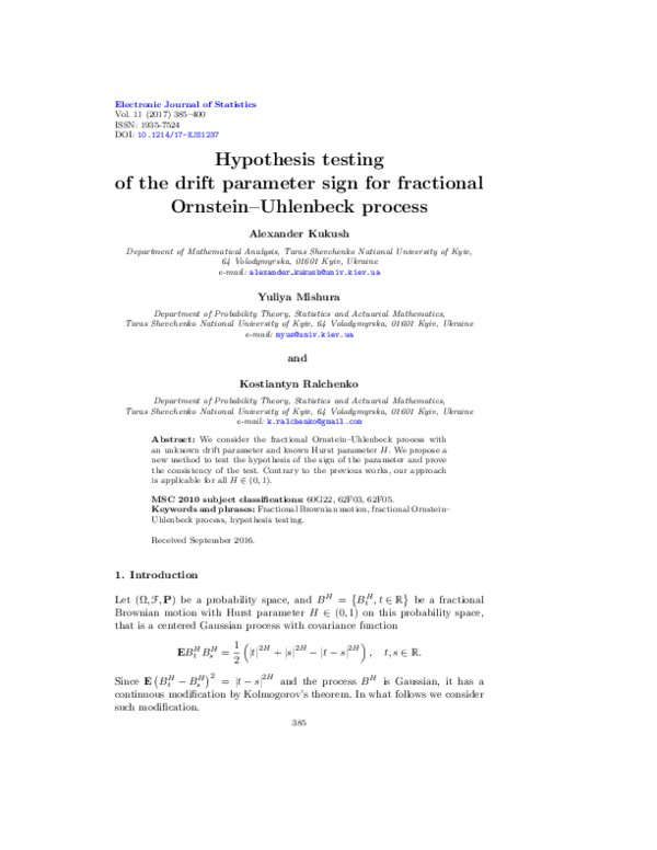Pdf Hypothesis Testing Of The Drift Parameter Sign For Fractional Ornstein Uhlenbeck Process